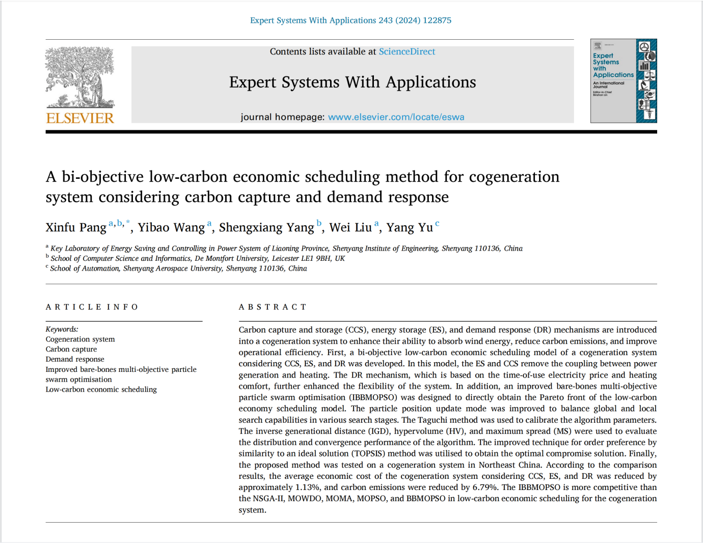 【新突破+4】自动化学院庞新富博士在计算机与人工智能领域顶刊之一ESWA上发表研究成果-沈阳工程学院